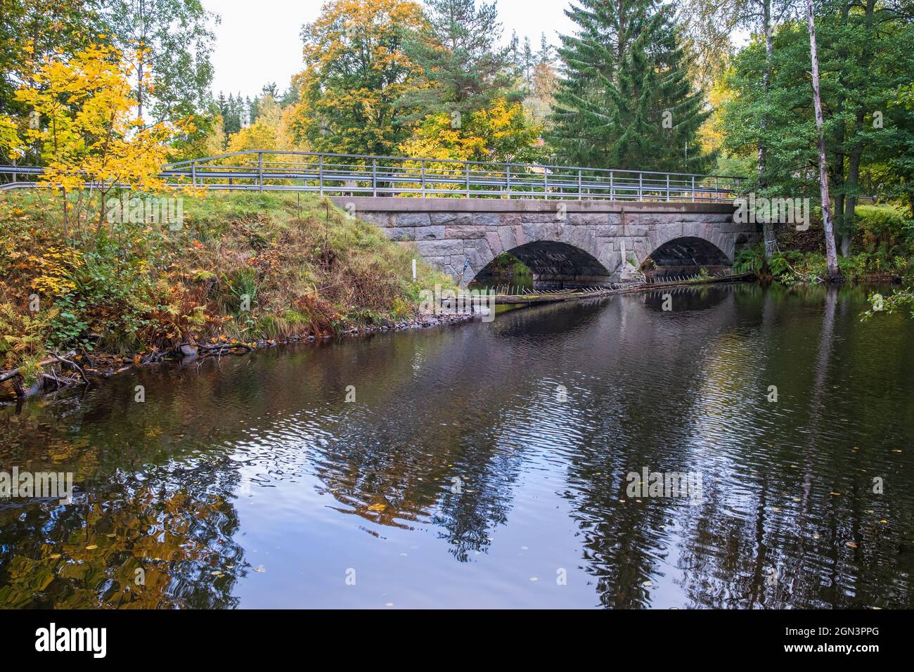 Road bridge over a river in the forest with autumn colors Stock Photo ...
