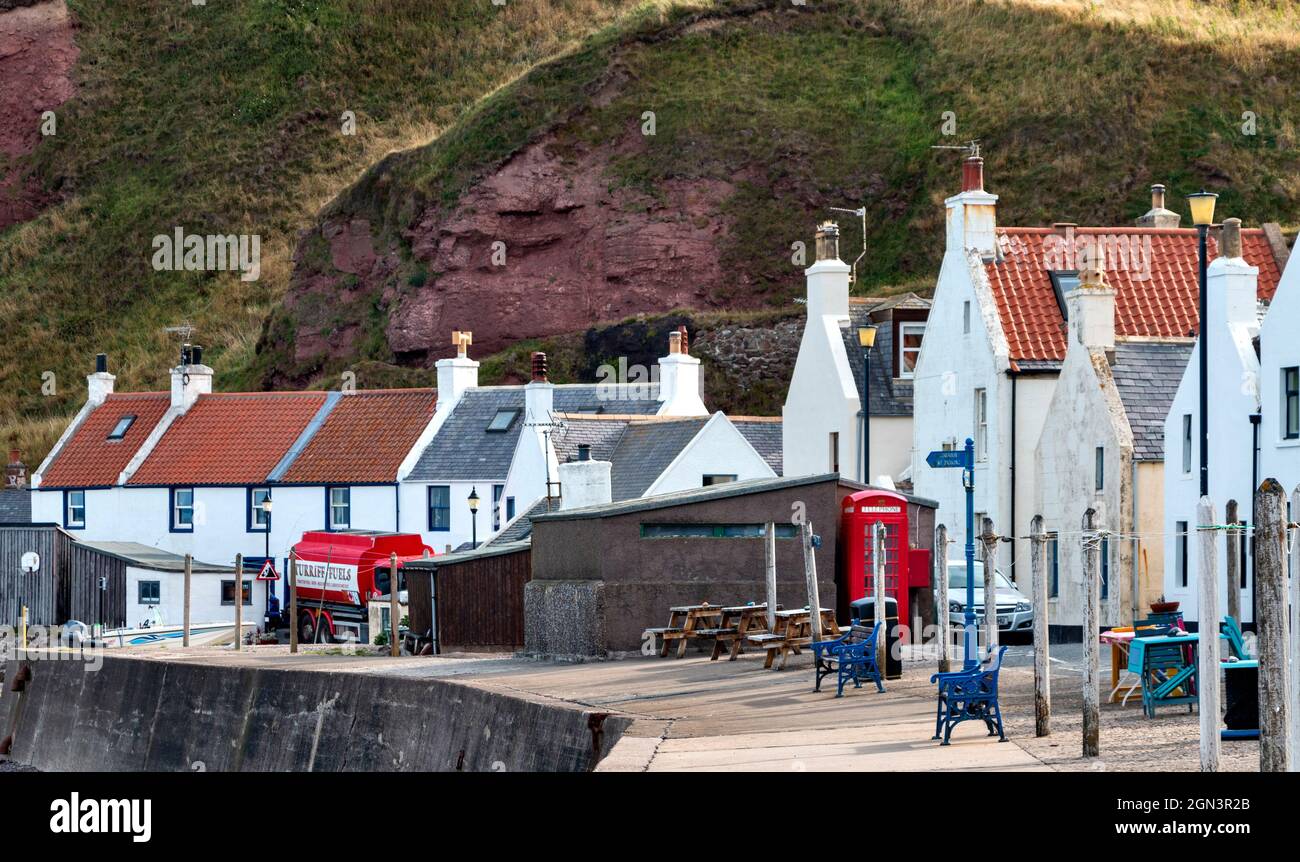 PENNAN ABERDEENSHIRE SCOTLAND THE RED TELEPHONE BOX BLUE SEATS AND ...