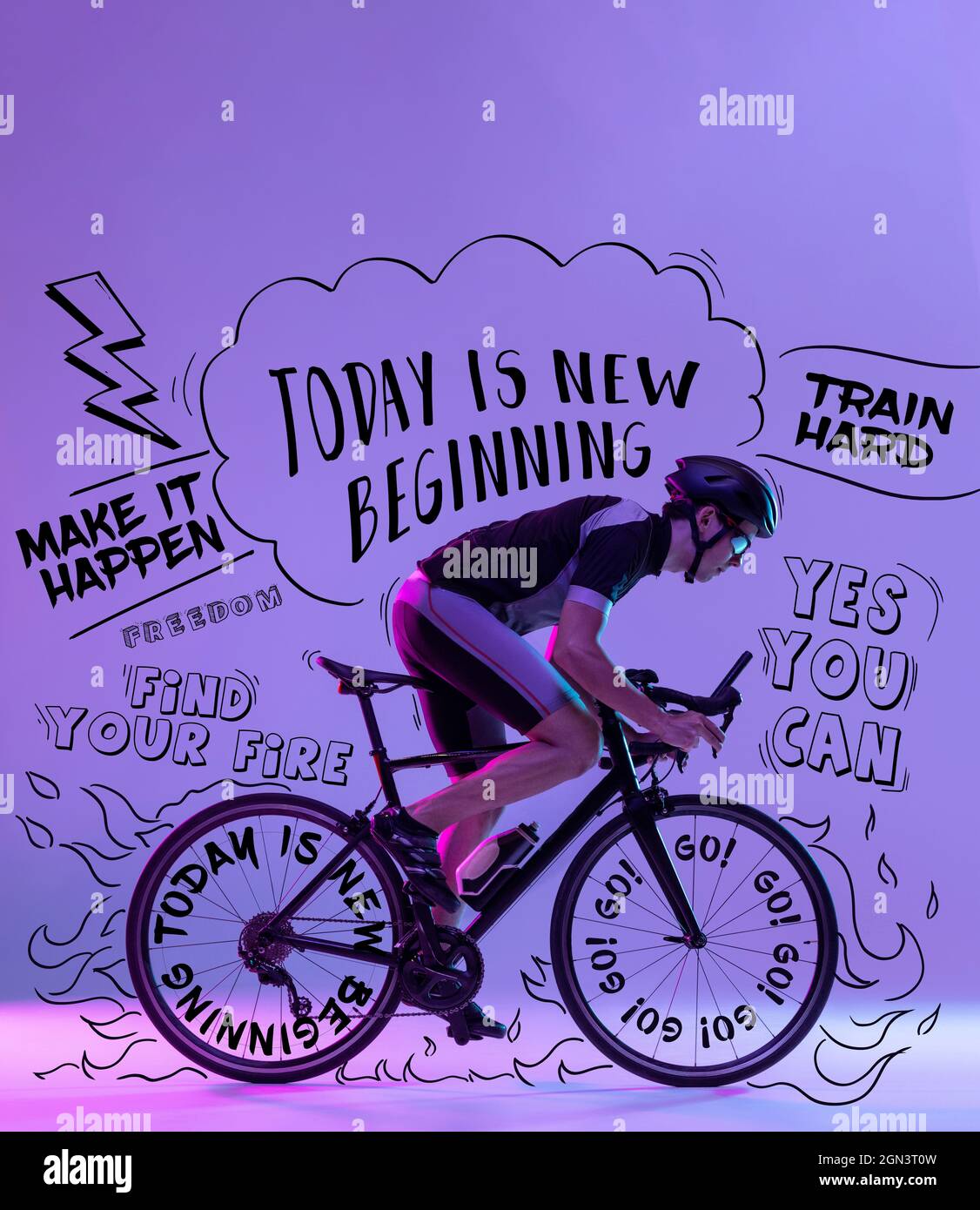 Creative collage with male cyclist riding a bicycle isolated against ...