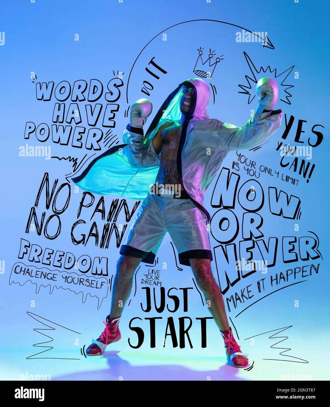 Collage, poster with male sportsman, boxer in boxing gloves in motion ...