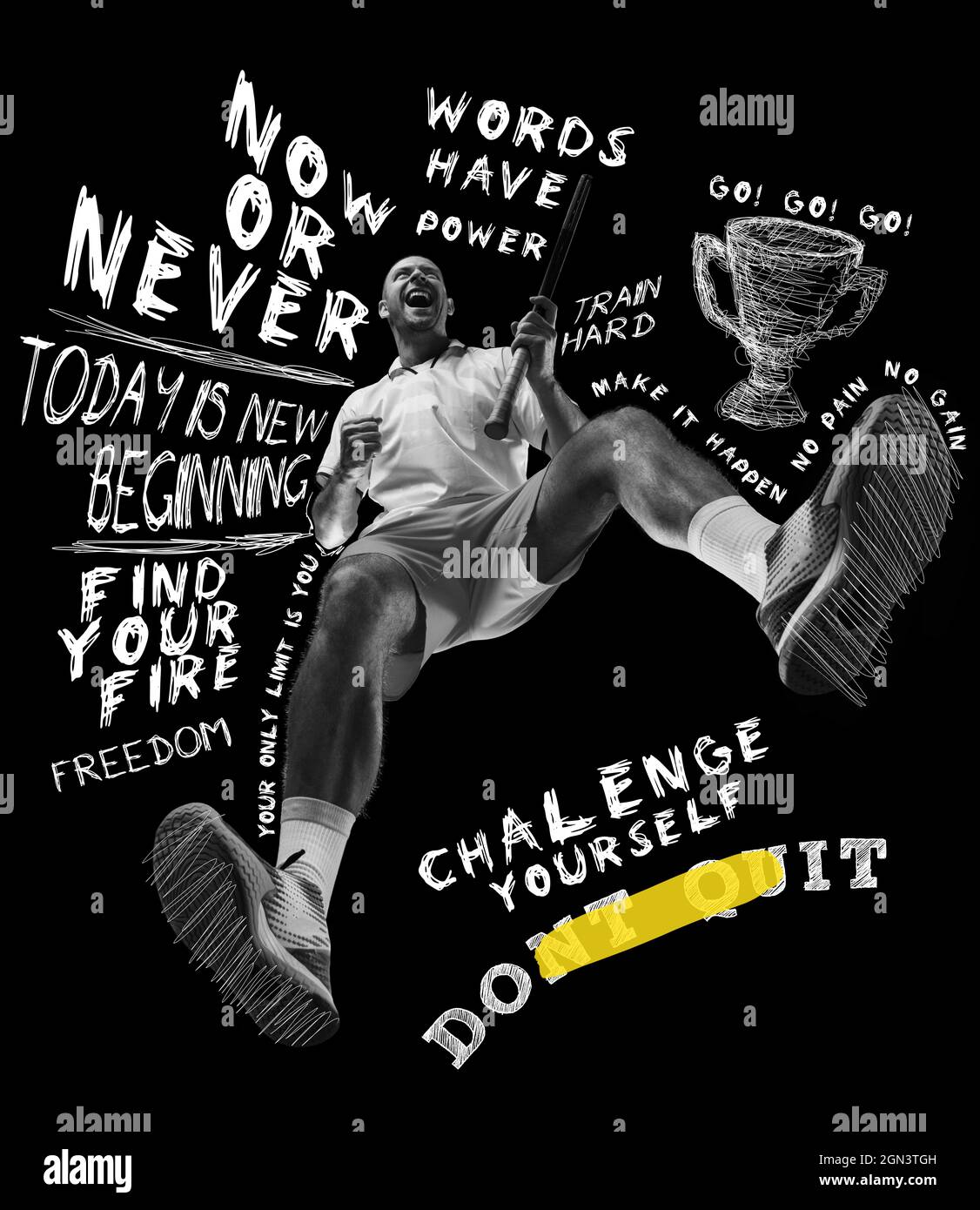 Bottom view of sportsman, male tennis player isolated on black ...