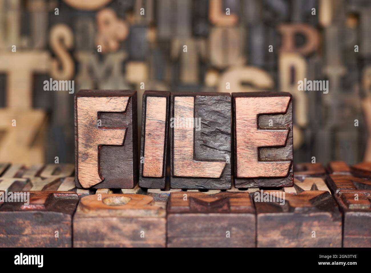 FILE word made from wooden letterpress blocks on many different letters ...
