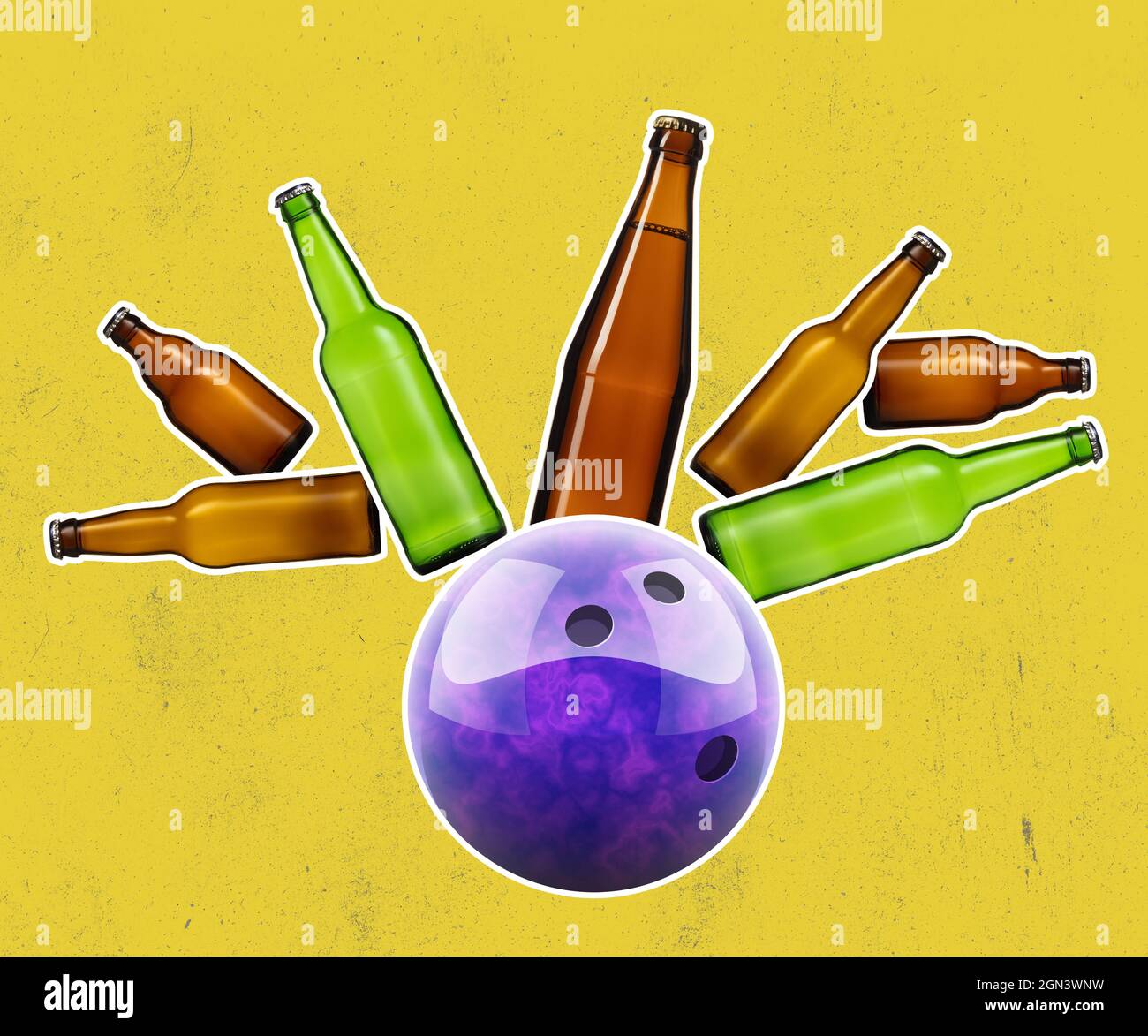 Beer bowling. Contemporary art collage of bottles of beer instead ...