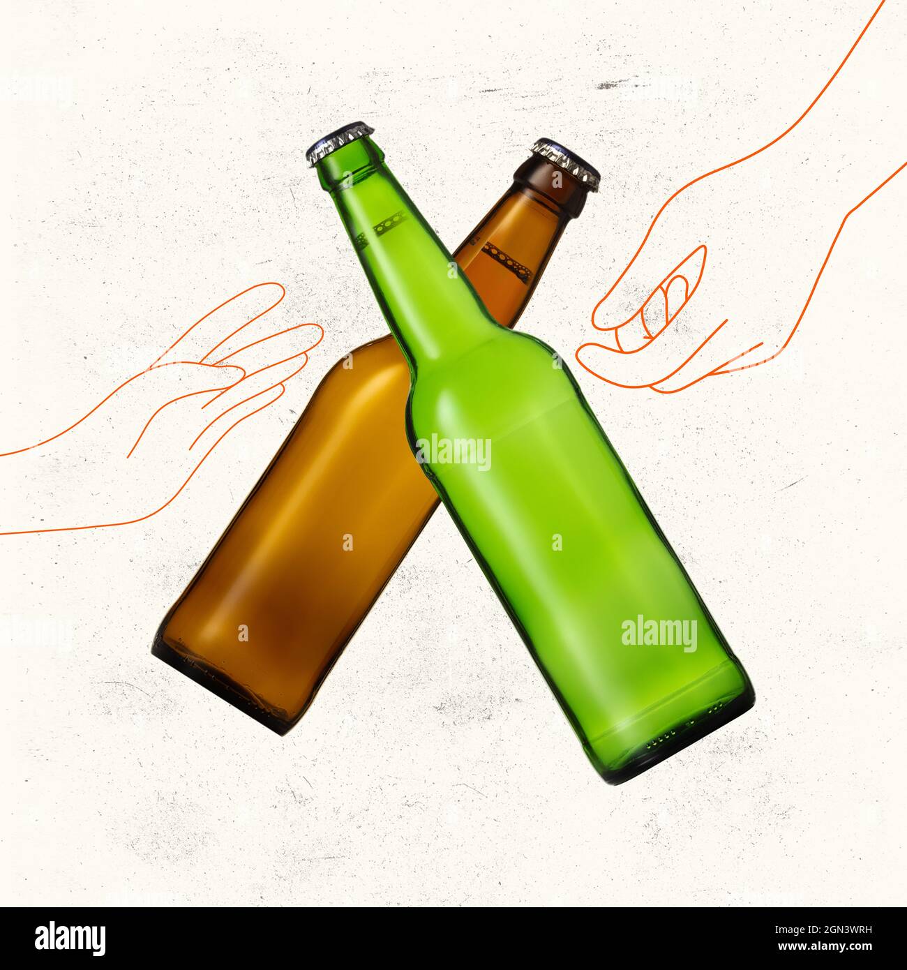 Art collage of two beer bottles clinking with drawn human hands ...