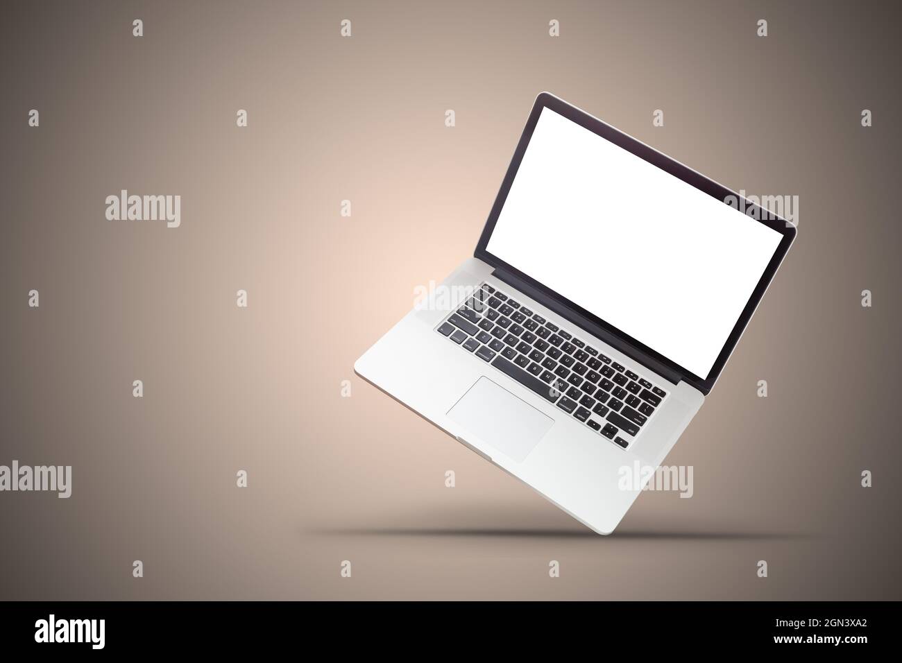 Front view of modern laptop with blank screen, aluminum body material ...