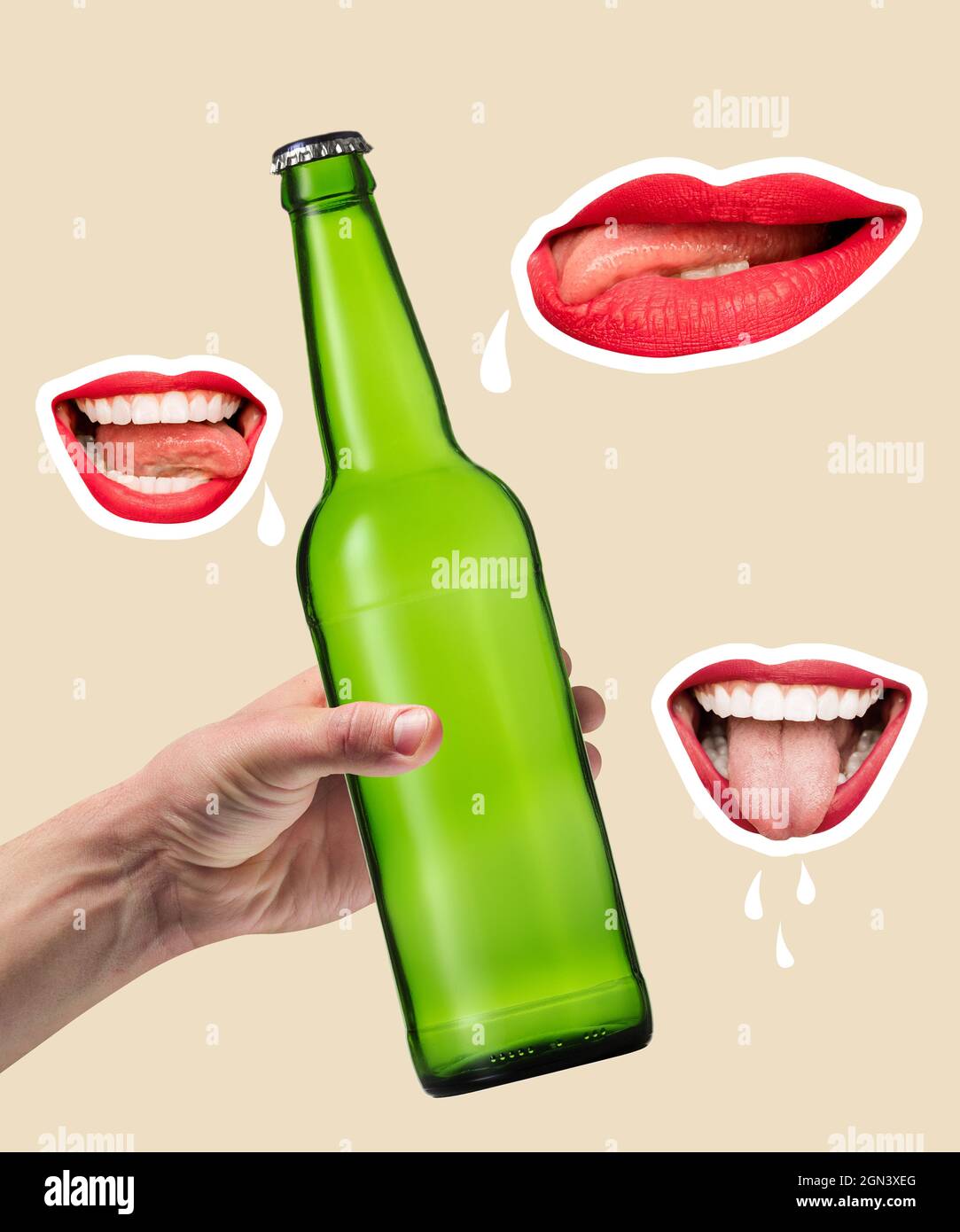 Contemporary art collage of human hand with bottle of beer and female ...