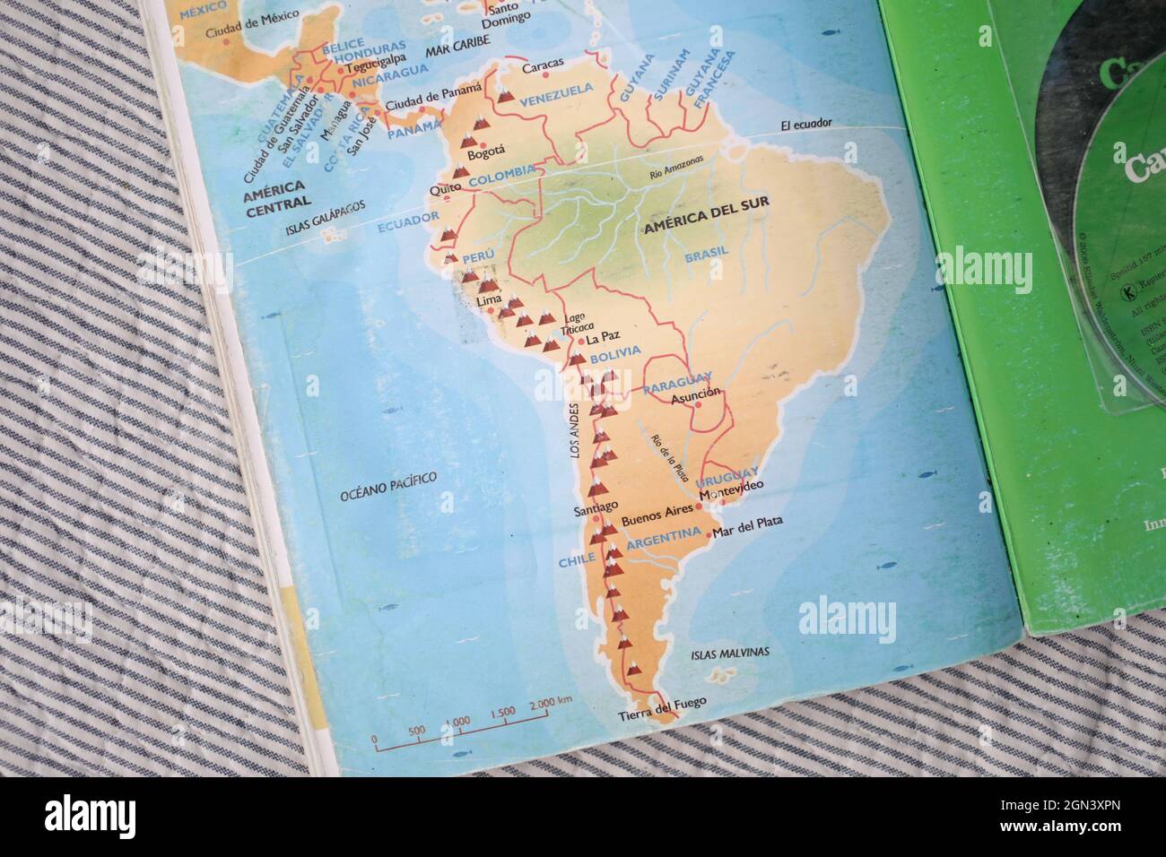 A student's Spanish book, here with a map of South America and Central ...