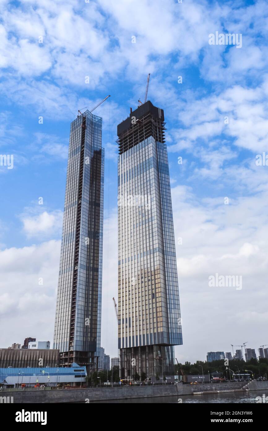 MOSCOW, RUSSIA - June 12, 2021: Towers under construction in the ...