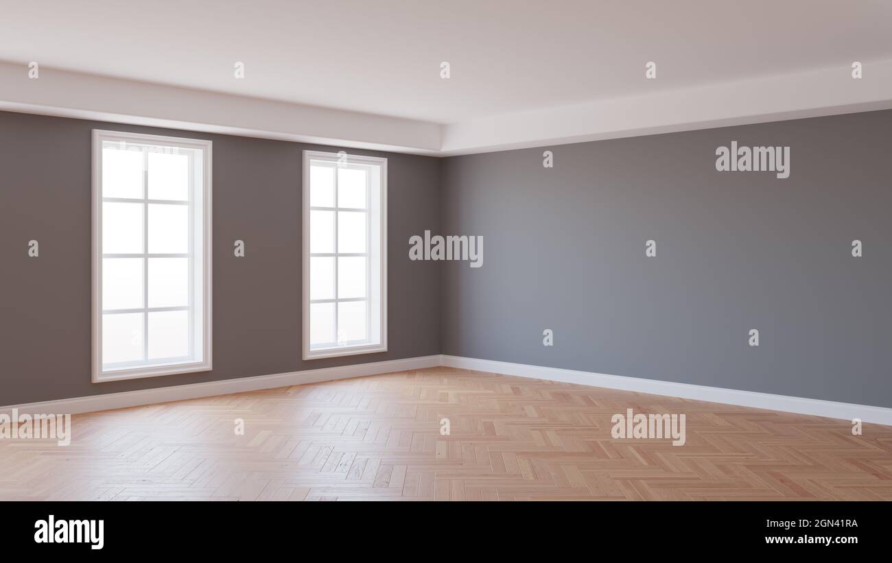 Beautiful Interior Corner with Gray Walls, Parquet Floor, Two Large ...