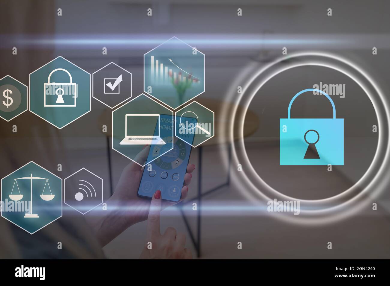 Digital cybersecurity and network protection concept. Virtual locking ...