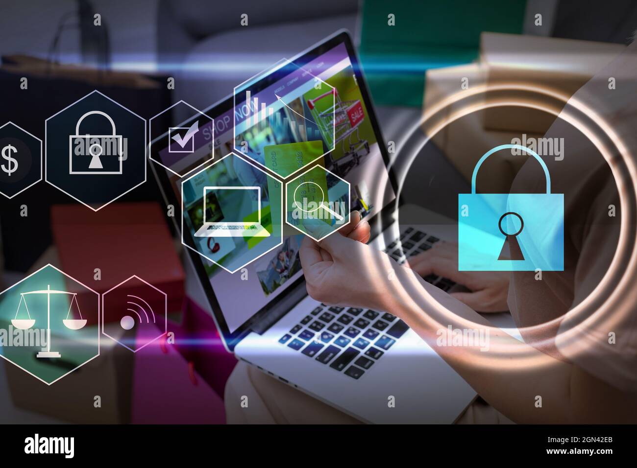 Digital cybersecurity and network protection concept. Virtual locking ...
