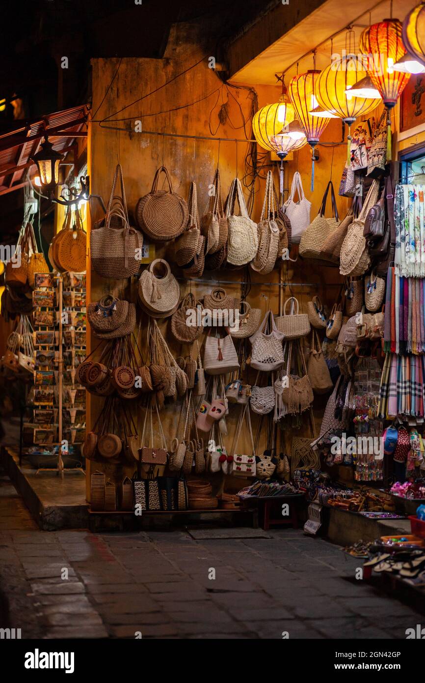 Wooden traditional bags at the shop Stock Photo - Alamy