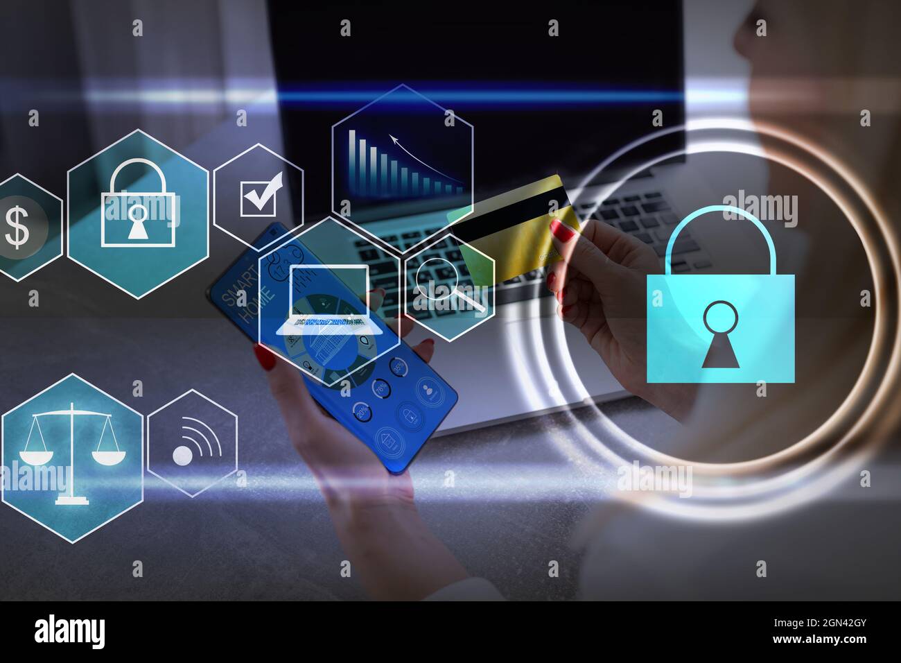 Digital cybersecurity and network protection concept. Virtual locking ...