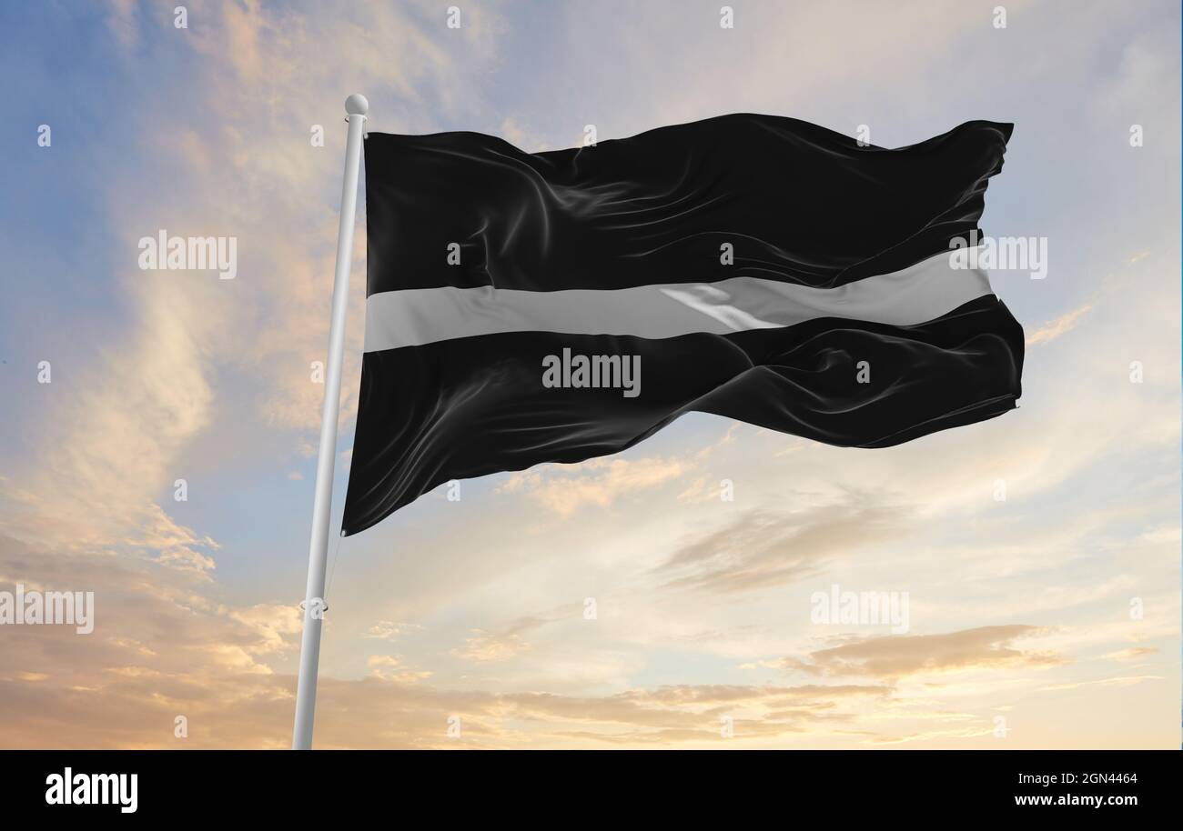 Thin Silver Line flag waving at cloudy sky background on sunset ...