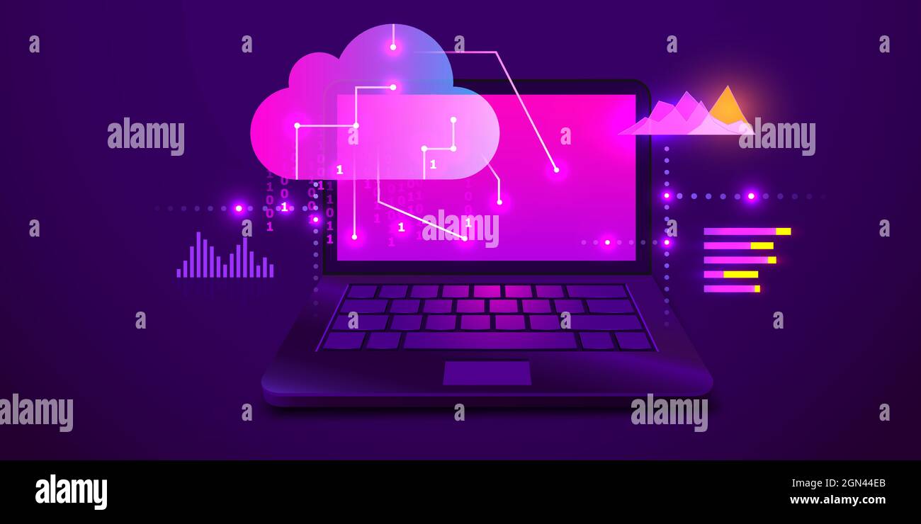 Laptop connected to cloud server service. Cloud computing. Modern futuristic design. Vector ...