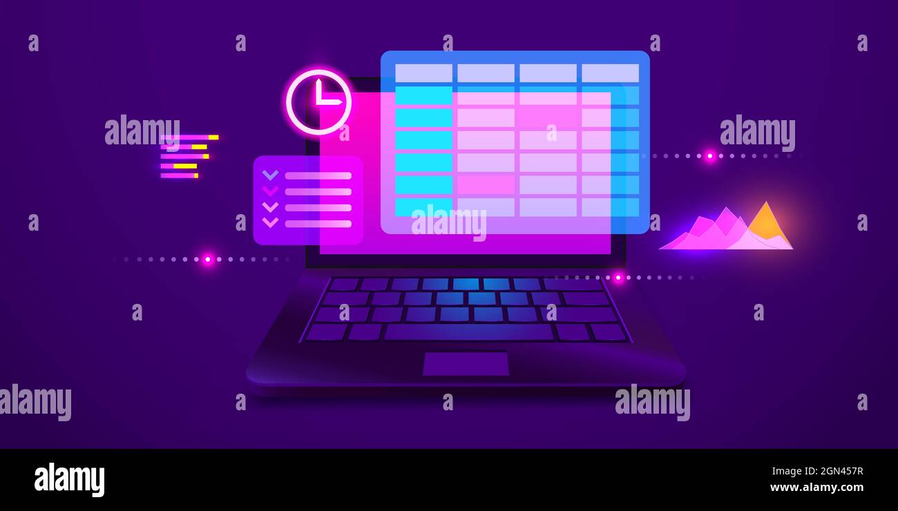 Calendar and clock on laptop screen. Schedule concepts. Modern ...