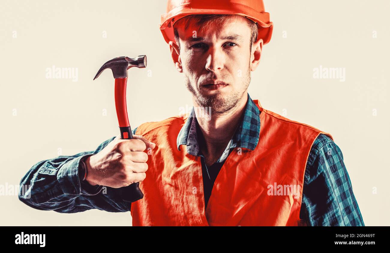 Builder in helmet, hammer, handyman, builders in hardhat. Man worker ...