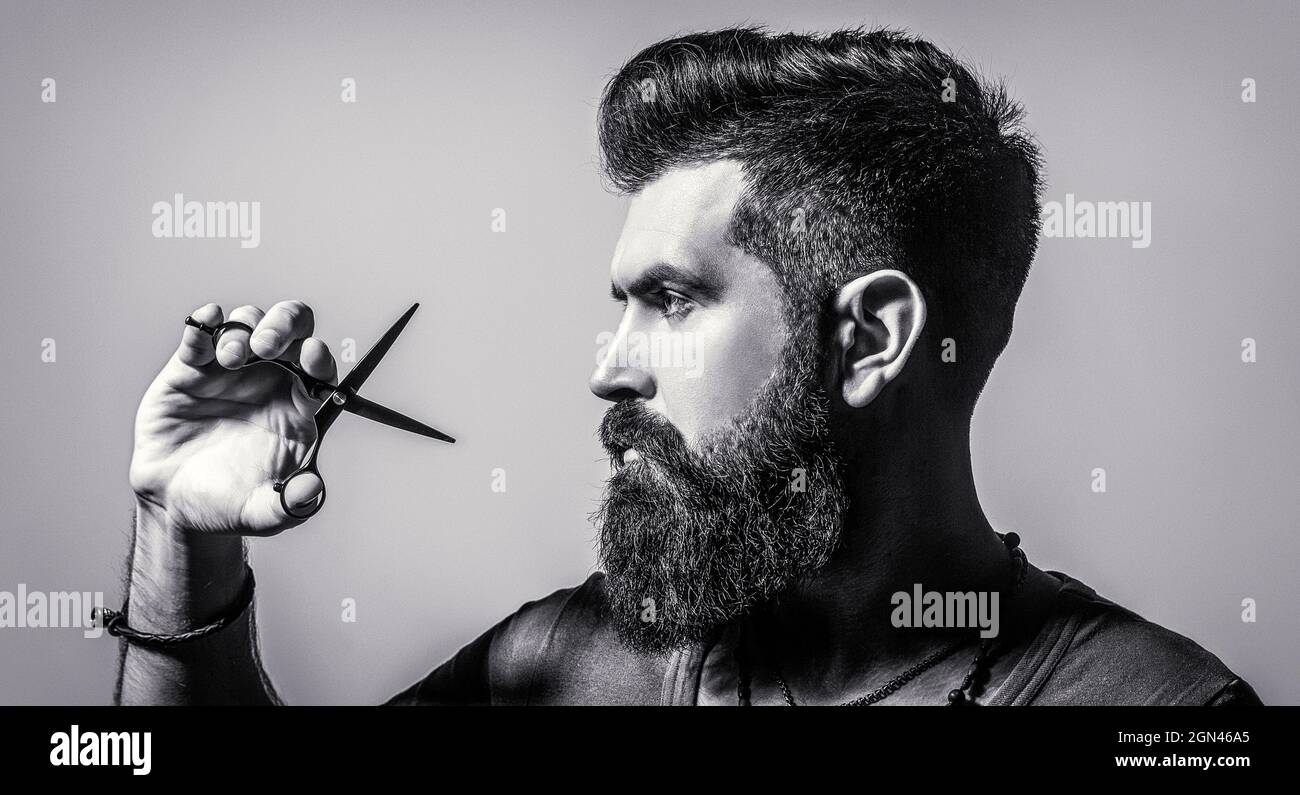 Male in barbershop, haircut, shaving. Bearded man isolated on gray ...