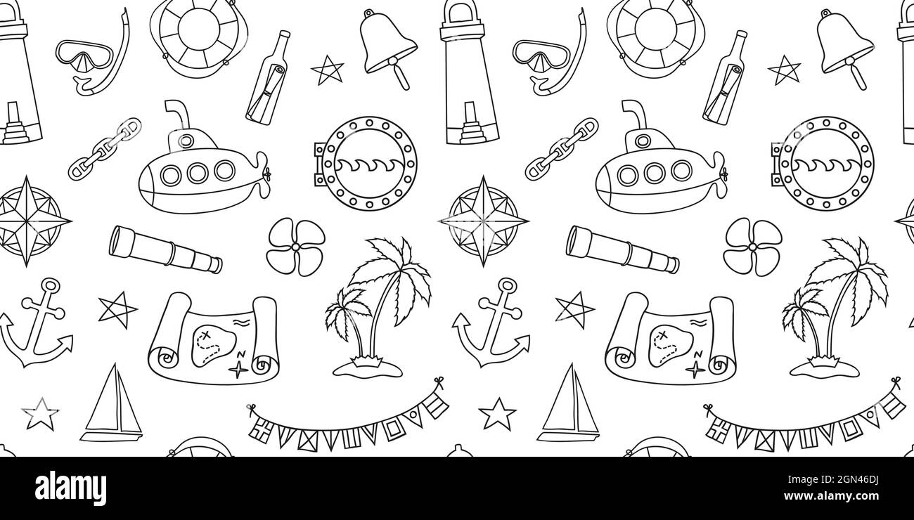 Nautical style seamless wallpaper with hand drawn elements in line art ...