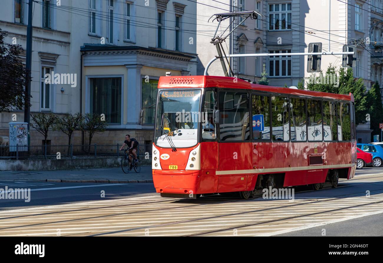 A picture of the one-car tram on the streets of Katowice Stock Photo ...