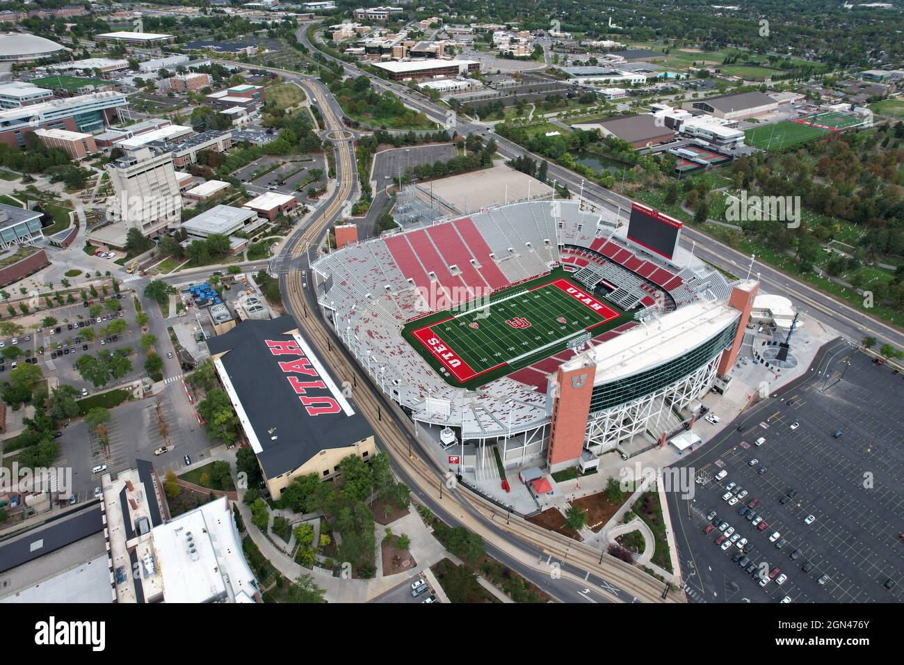 An aerial view of Rice-Eccles Stadium on the campus of the University ...