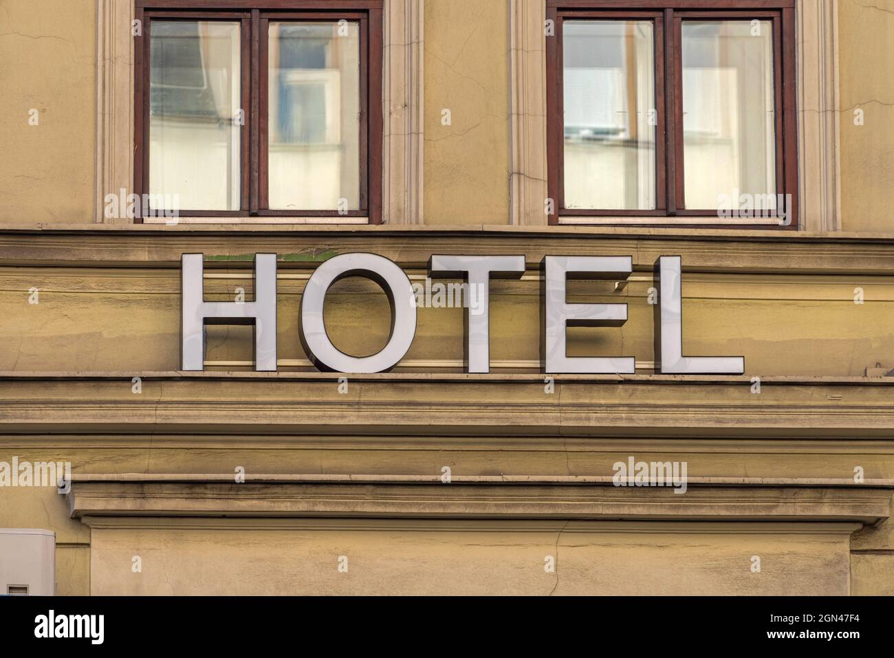 Sign Hotel at Building White English Letters Stock Photo - Alamy