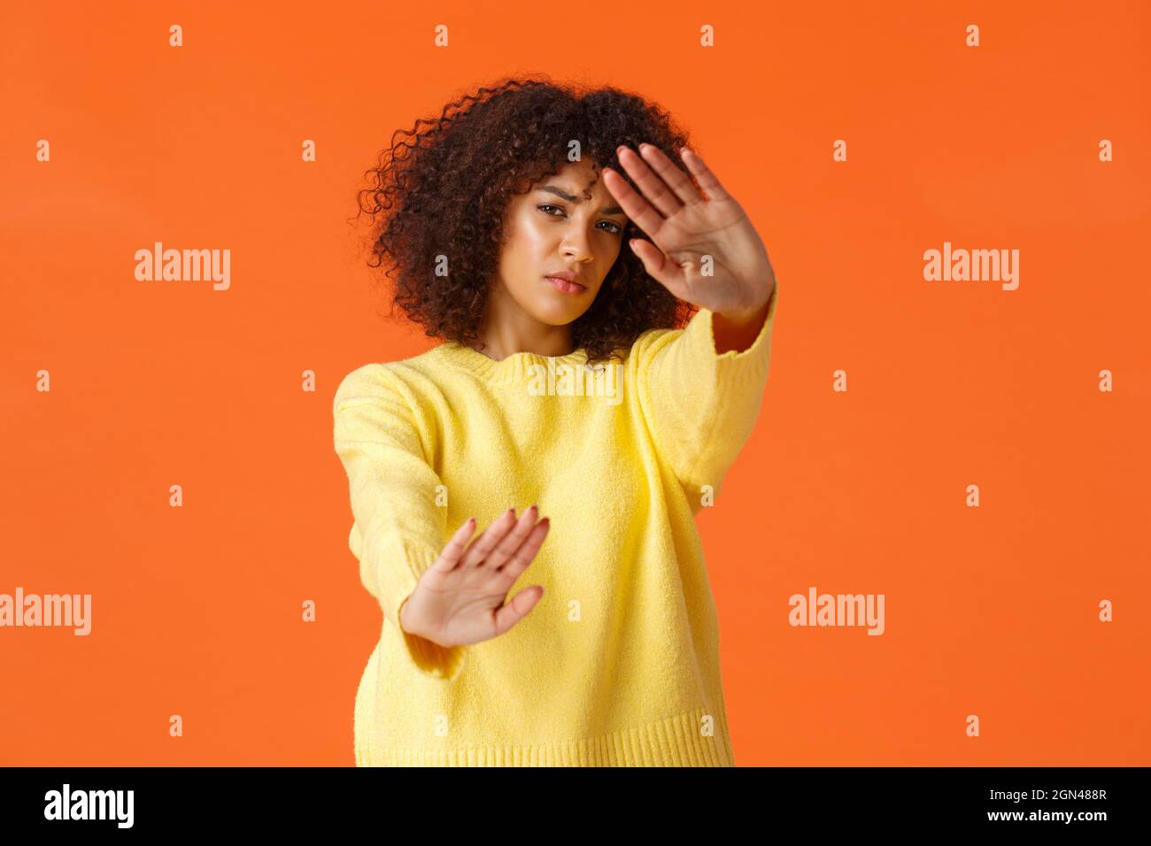 No stop, turn-off lights. Displeased grumpy cute african-american woman ...