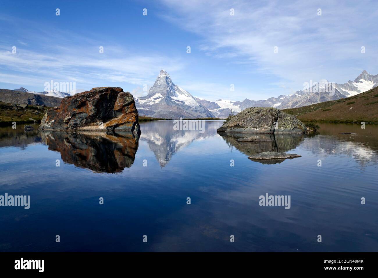 Matterhorn reflection in Stellisee Stock Photo - Alamy