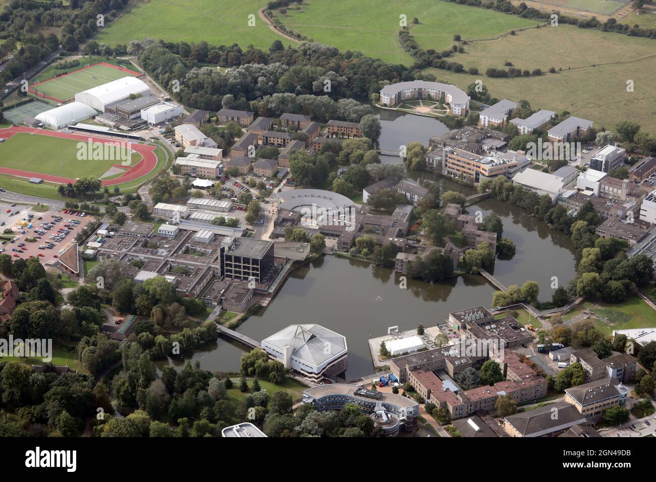 aerial view of the Campus Lake and surrounding buildings at York ...