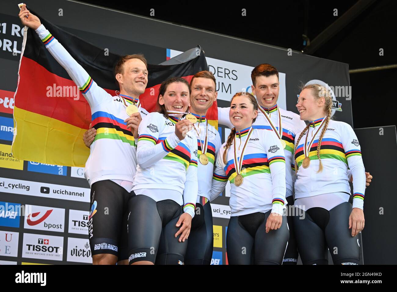 German Riders, winner of the gold medal celebrates on the podium of the ...