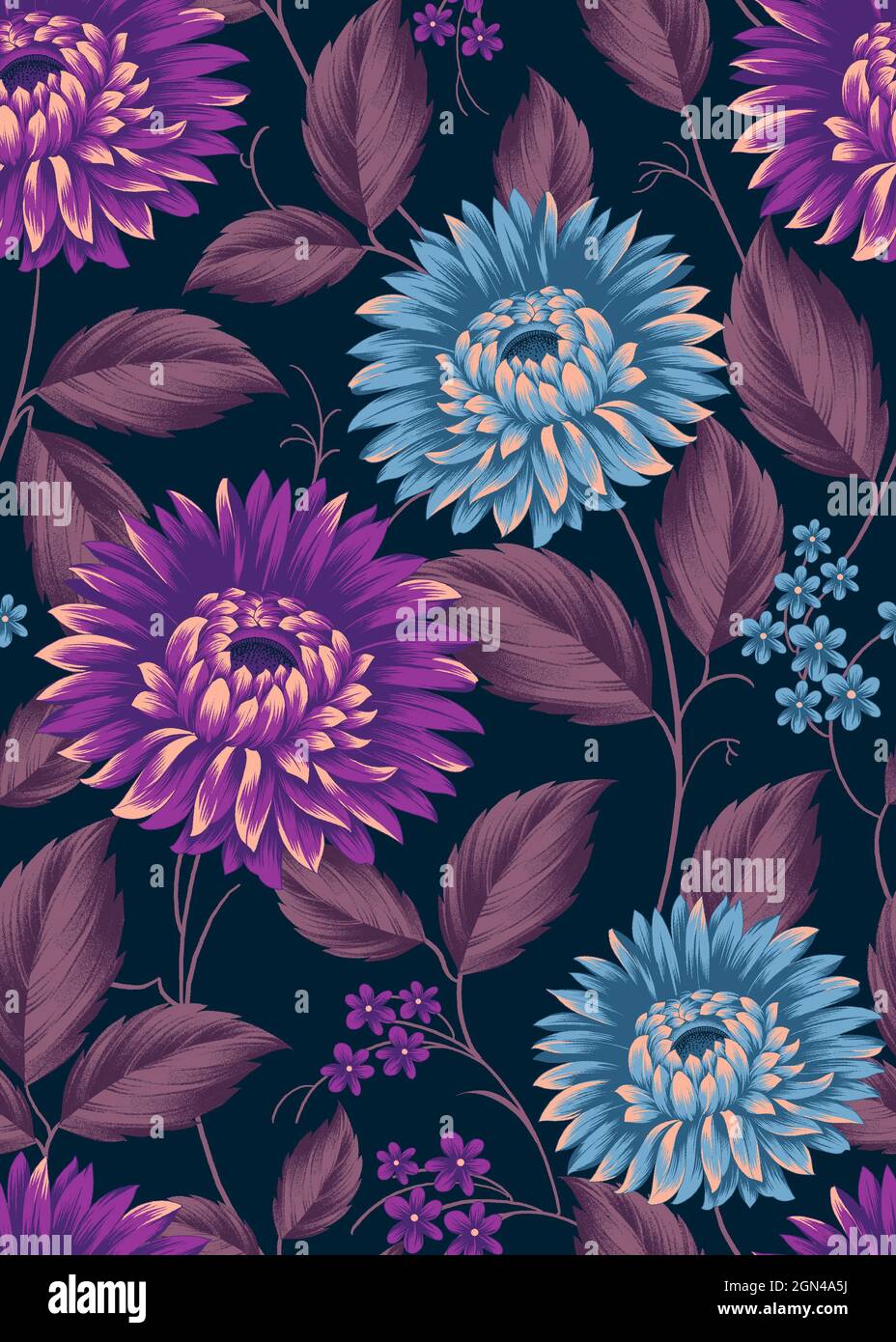Vertical 2D illustration of a purple floral pattern wallpaper Stock ...