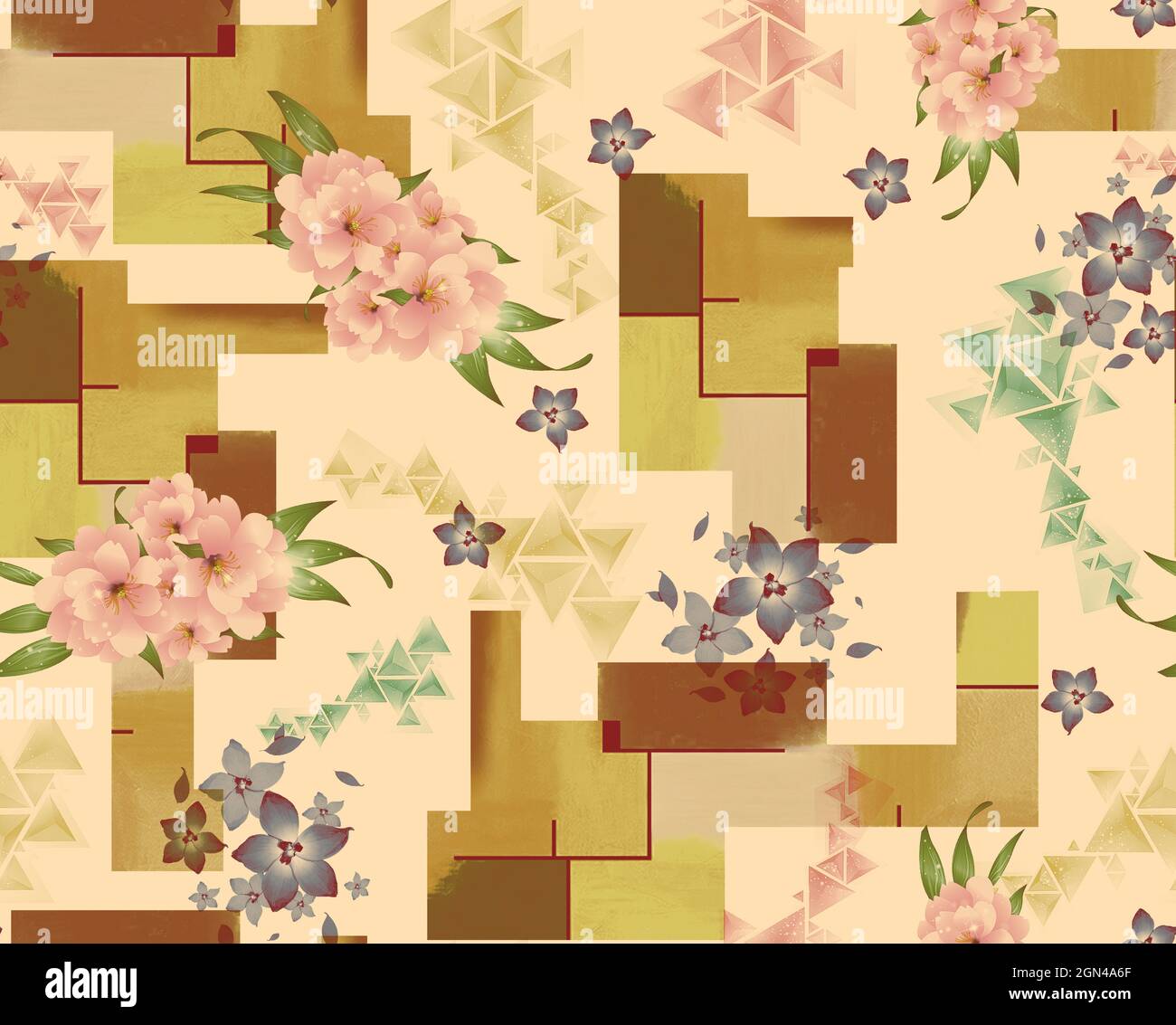 2D illustration of a colorful floral background with geometric shapes ...