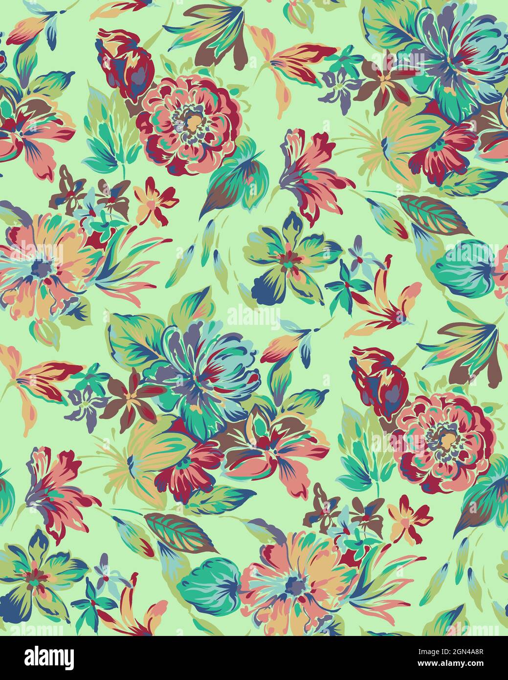 Vertical 2D illustration of a green floral pattern wallpaper Stock ...