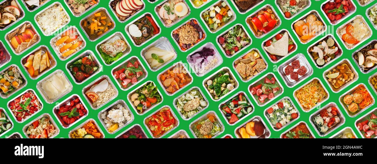 Restaurant food delivery. Set of foil containers with tasty healthy ...
