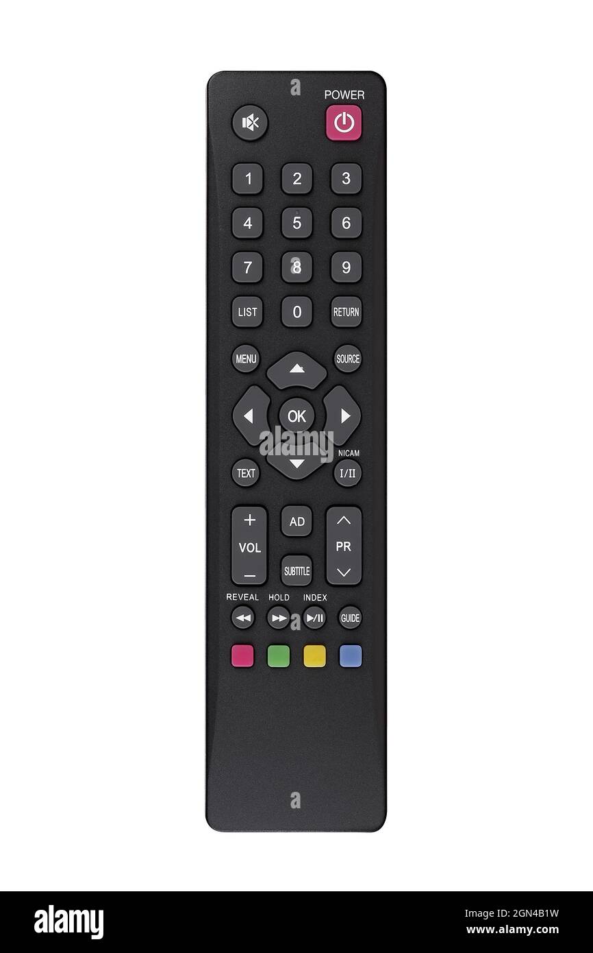Top view of black modern remote controller from TV set with colorful ...