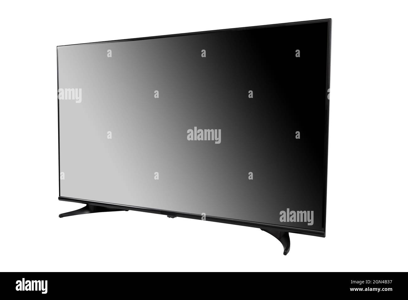 Modern empty monitor of black wide frame TV set on white isolated ...