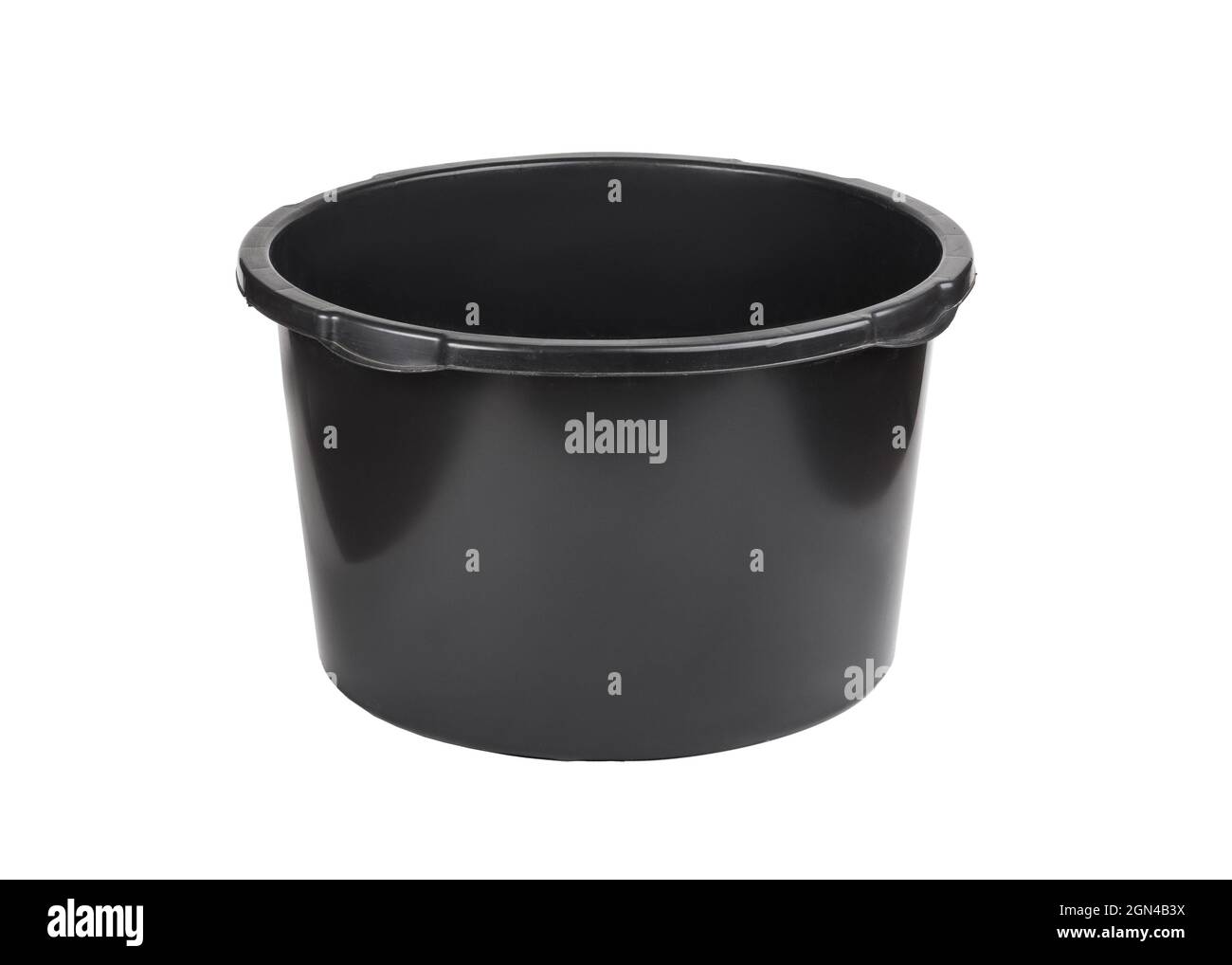Plastic empty round shaped container of black color placed on white ...
