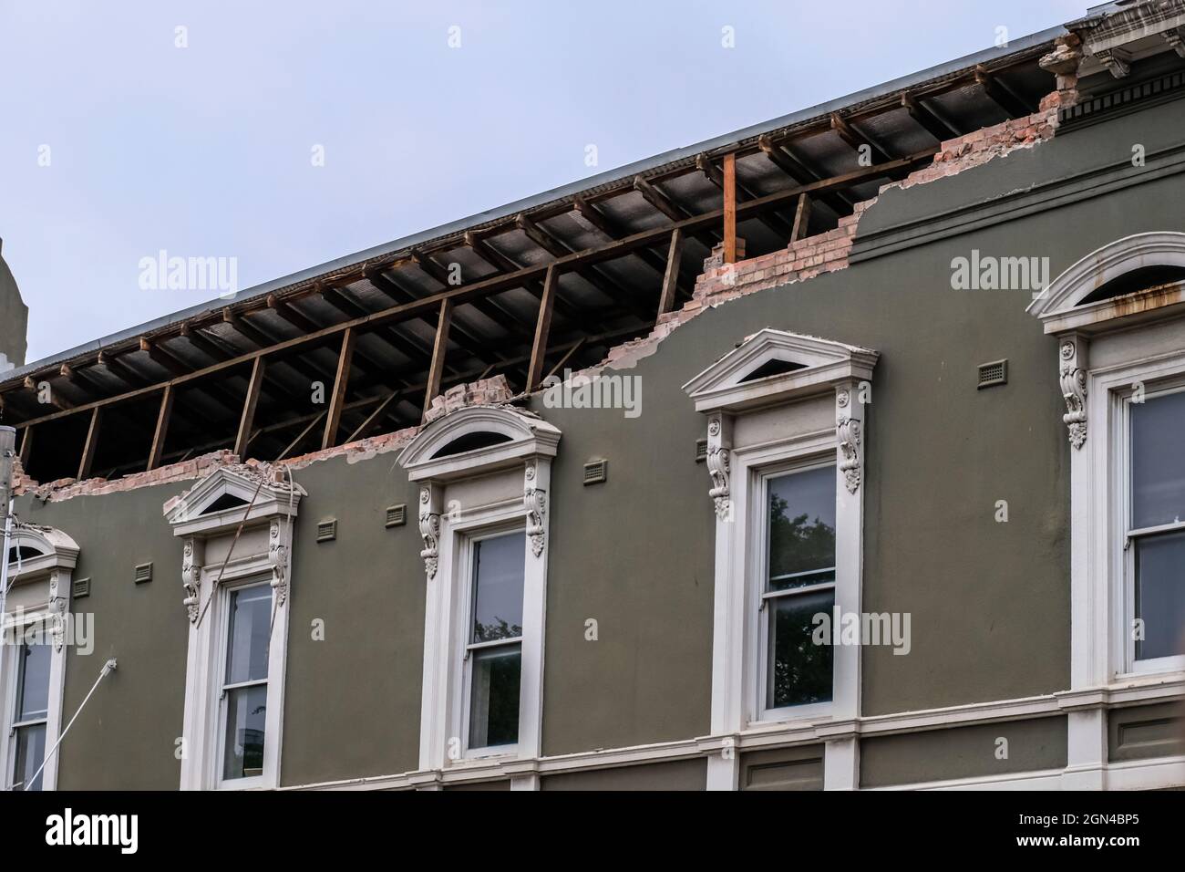 Close up of a collapsed wall, the damage to the brickworks was caused ...