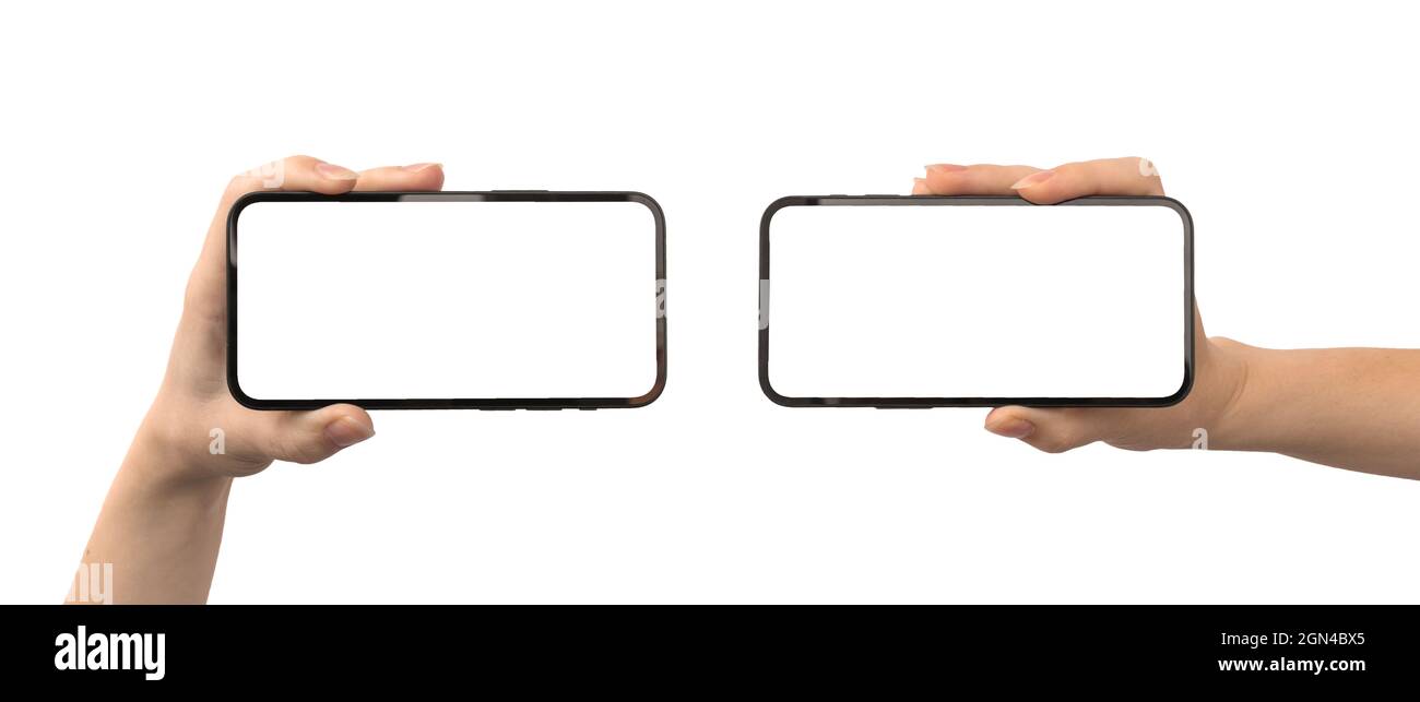 Horizontally screen mockup, hand with mobile phone template, banner ...