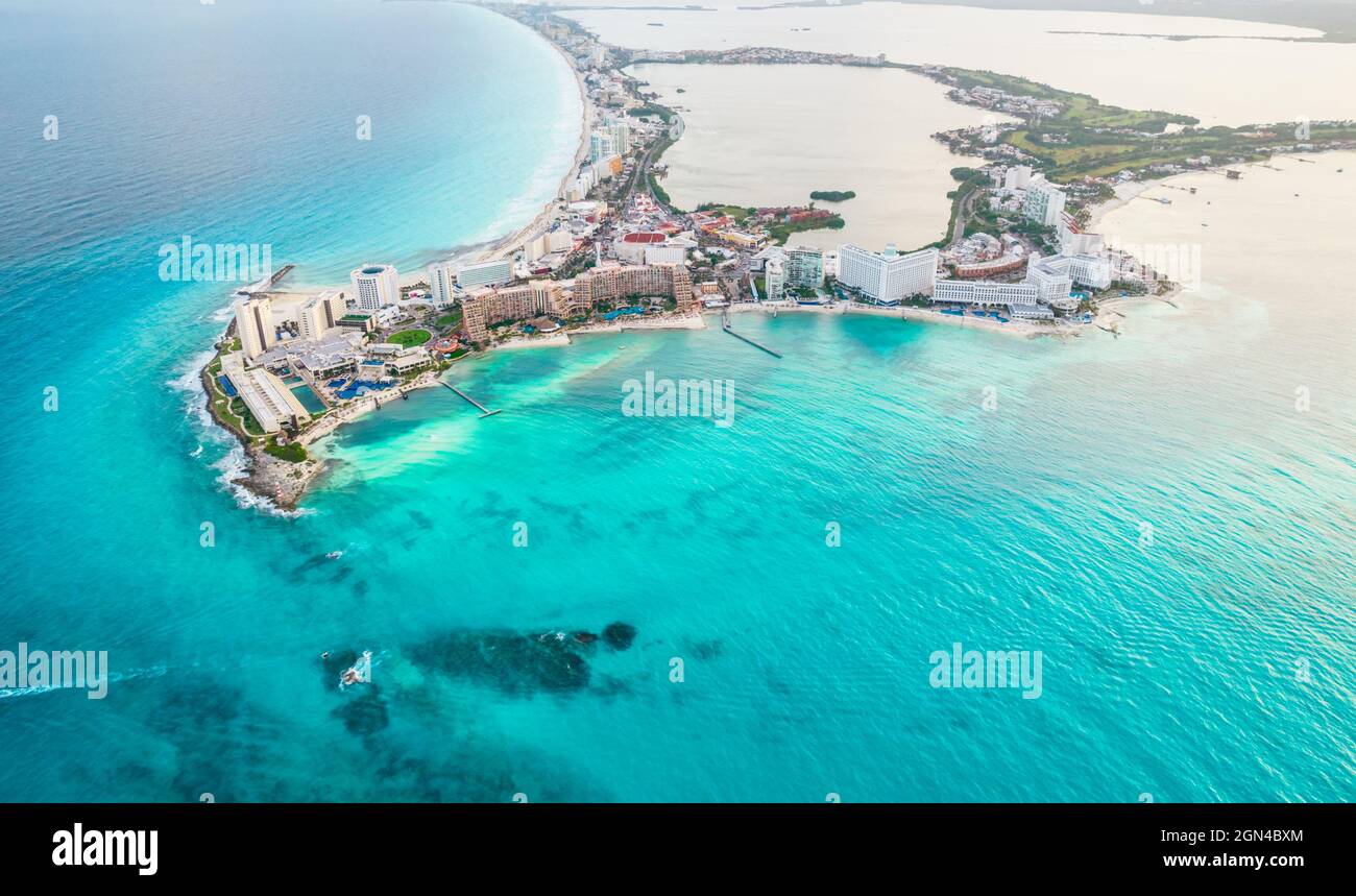 Aerial panoramic view of Cancun beach and hotel zone in Mexico ...