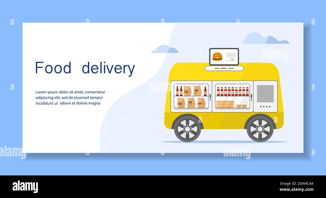 Vector illustration Fast food online order for delivery by self-driving ...