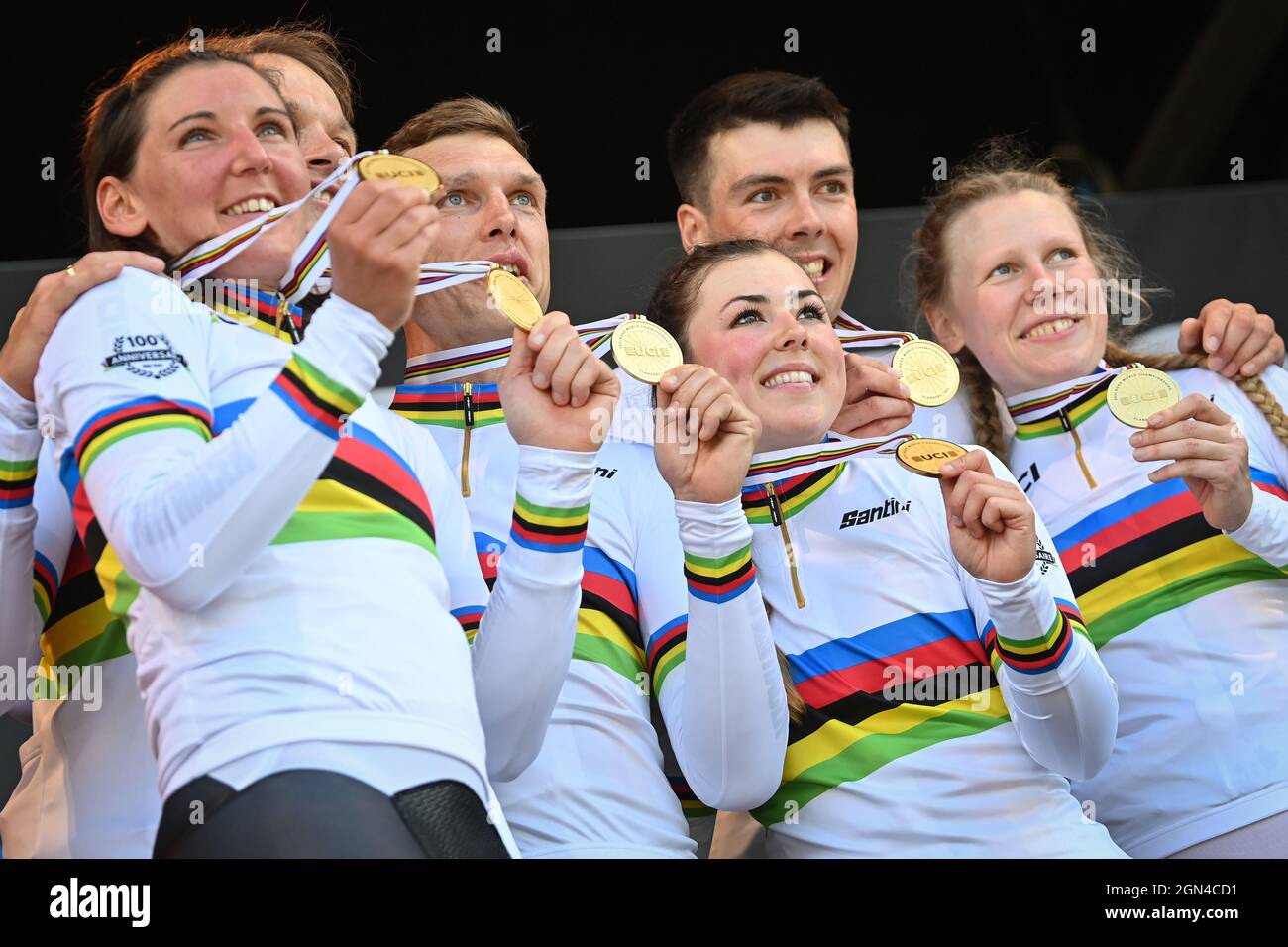 German Riders , winner of the gold medal celebrates on the podium of ...