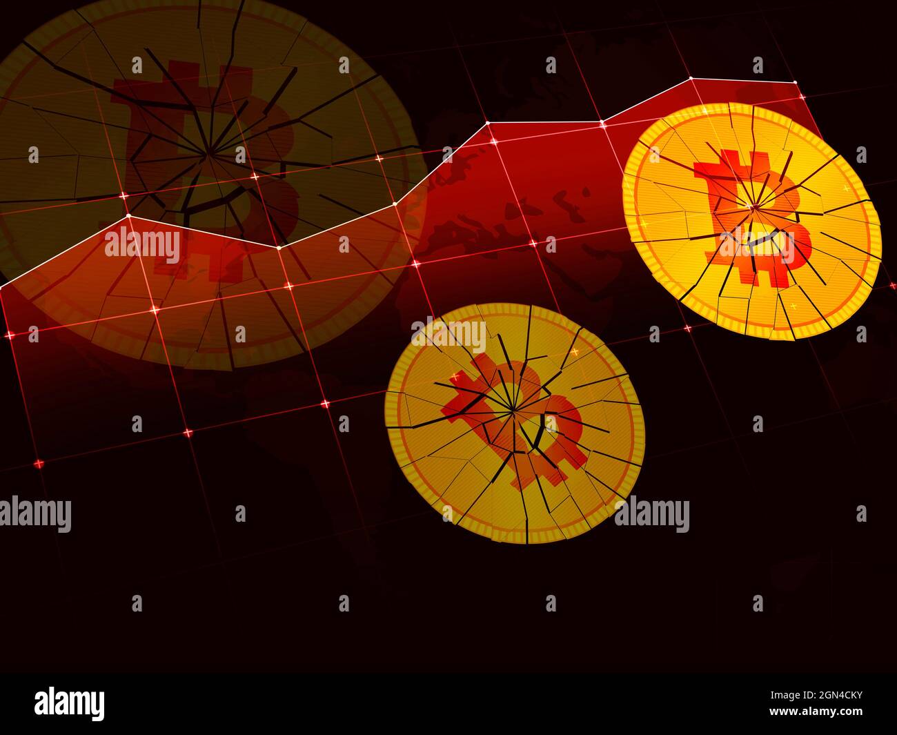Cryptocurrency crash concept with golden crashed coins and red graph in ...