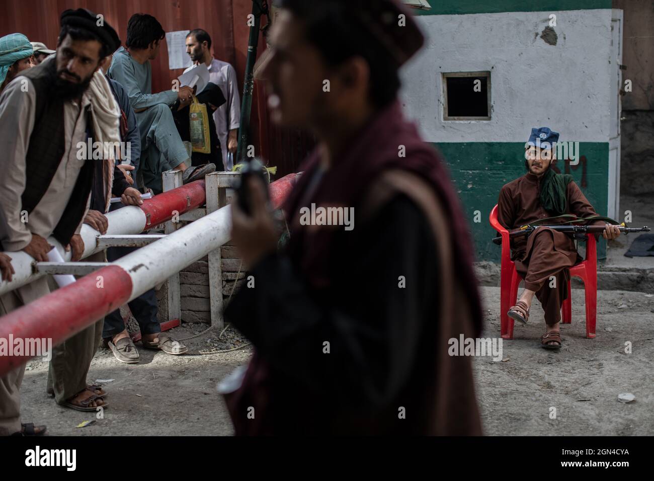22 September 2021, Afghanistan, Kabul: Taliban fighters guard outside a ...