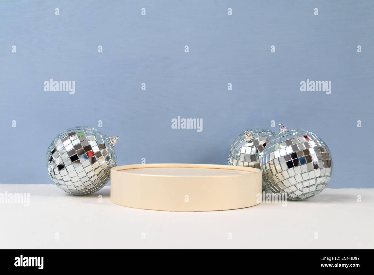 Disco ball with empty pedestal for object presentation or text against ...