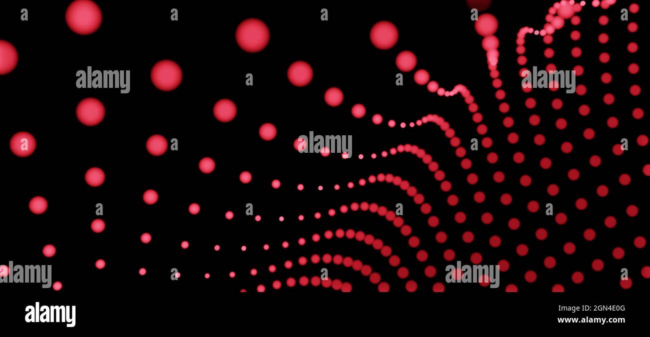 Abstract background with lines of red dots or particles as waves on ...