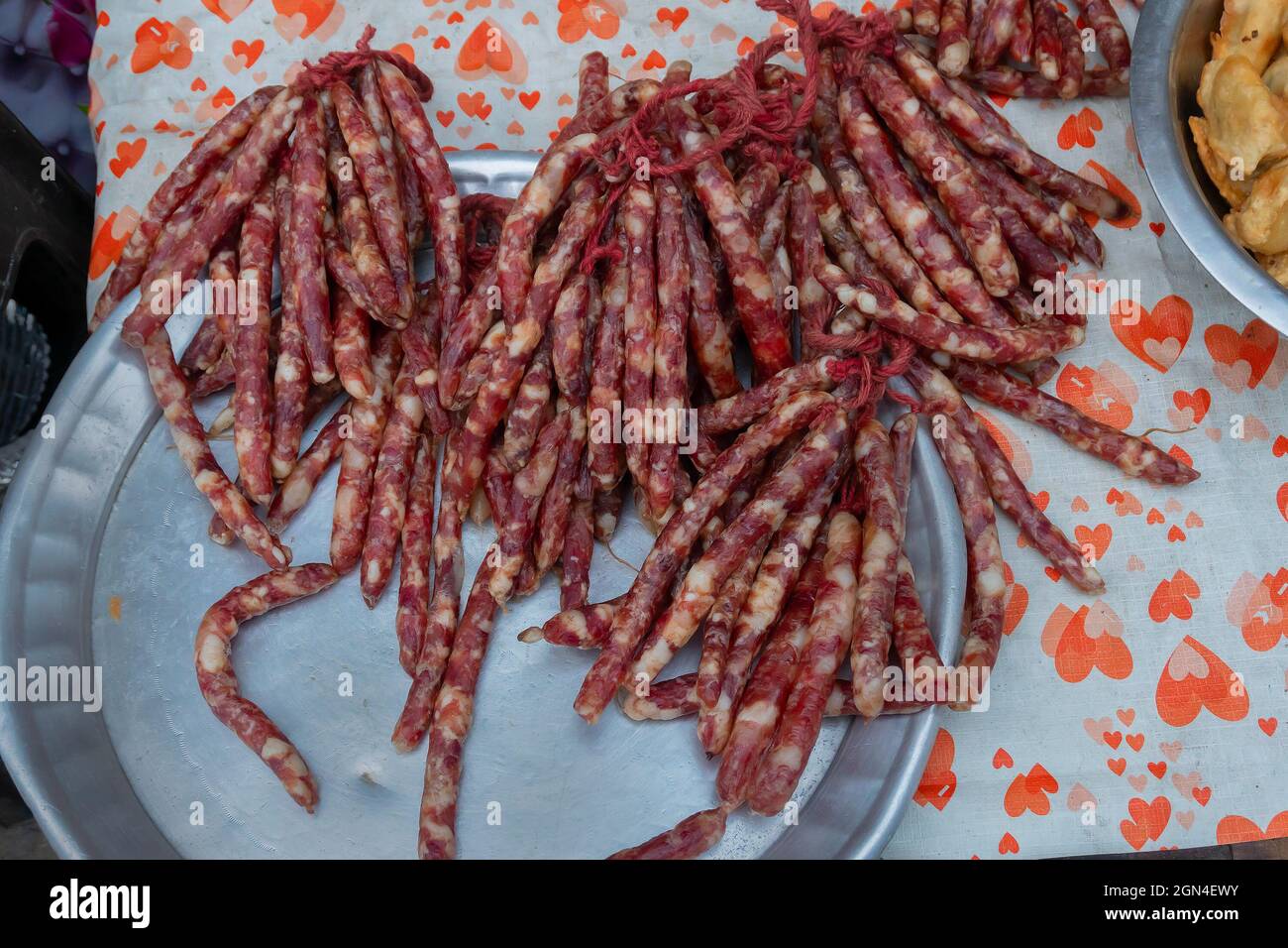 Top view of Lap Cheong, Chinese sausage delicacy. Dried, hard sausage ...