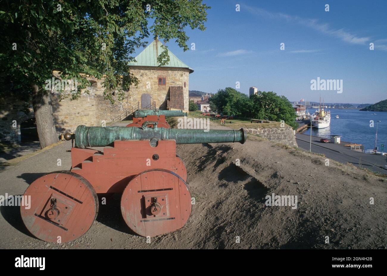 Two historic guns on the parapet of Akershus fortress, which once ...
