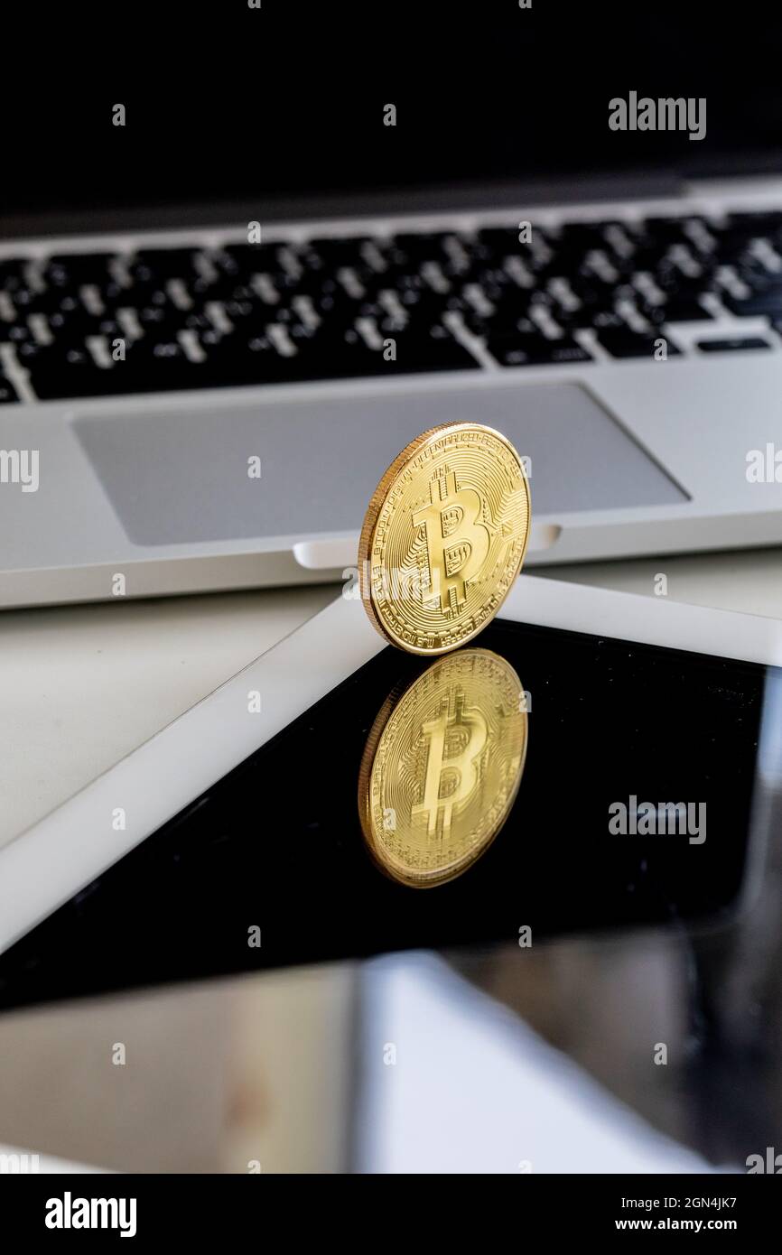 Bitcoins and New Virtual money concept. vertical frame Stock Photo - Alamy