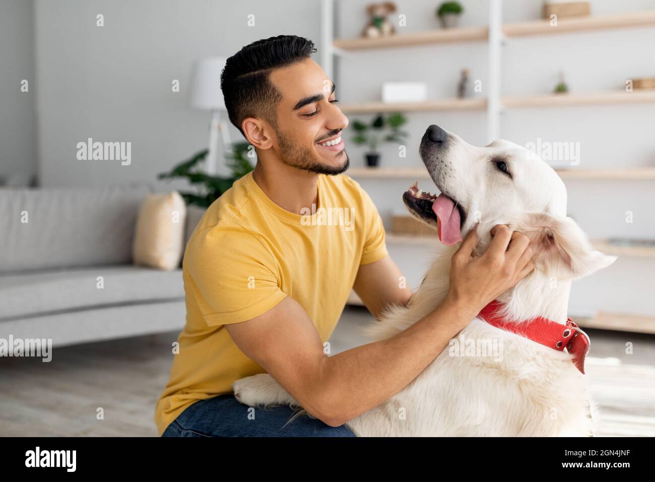 Happy young Arab man stroking his adorable dog in living room. Human ...